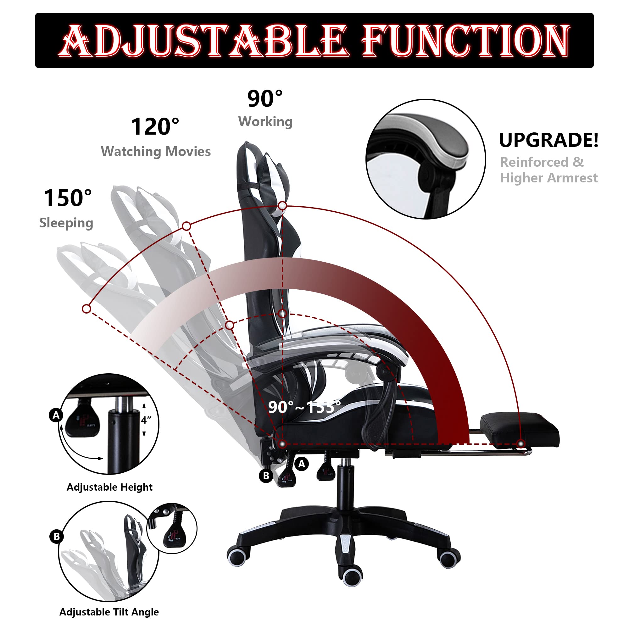 anjsindra Gaming Chair with Footrest Ergonomic Video Game Chairs Adjustable Headrest Lumbar Support High Back PU Leather Racing Style Office Computer Chair for Adults (Black+White)