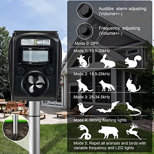 2 Pcs Ultrasonic Animal Repellers Black Solar Deterrent Devices Waterproof Ultrasonic Deer Repellents with Motion Sensor Flashing Light for Garden Farm House Drive Cat Dog Bird Coyote Skunk