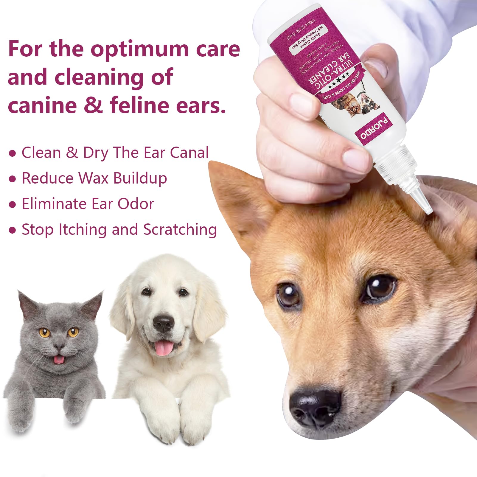 Pjordo Ear Cleaner for Dogs & Cats, Pet Ear Cleaner Solution, Ear Cleaning for Cats, Cat Ear Drops for Wax, Odor, Itchy, Dog Ear Treatment (3.38 oz)