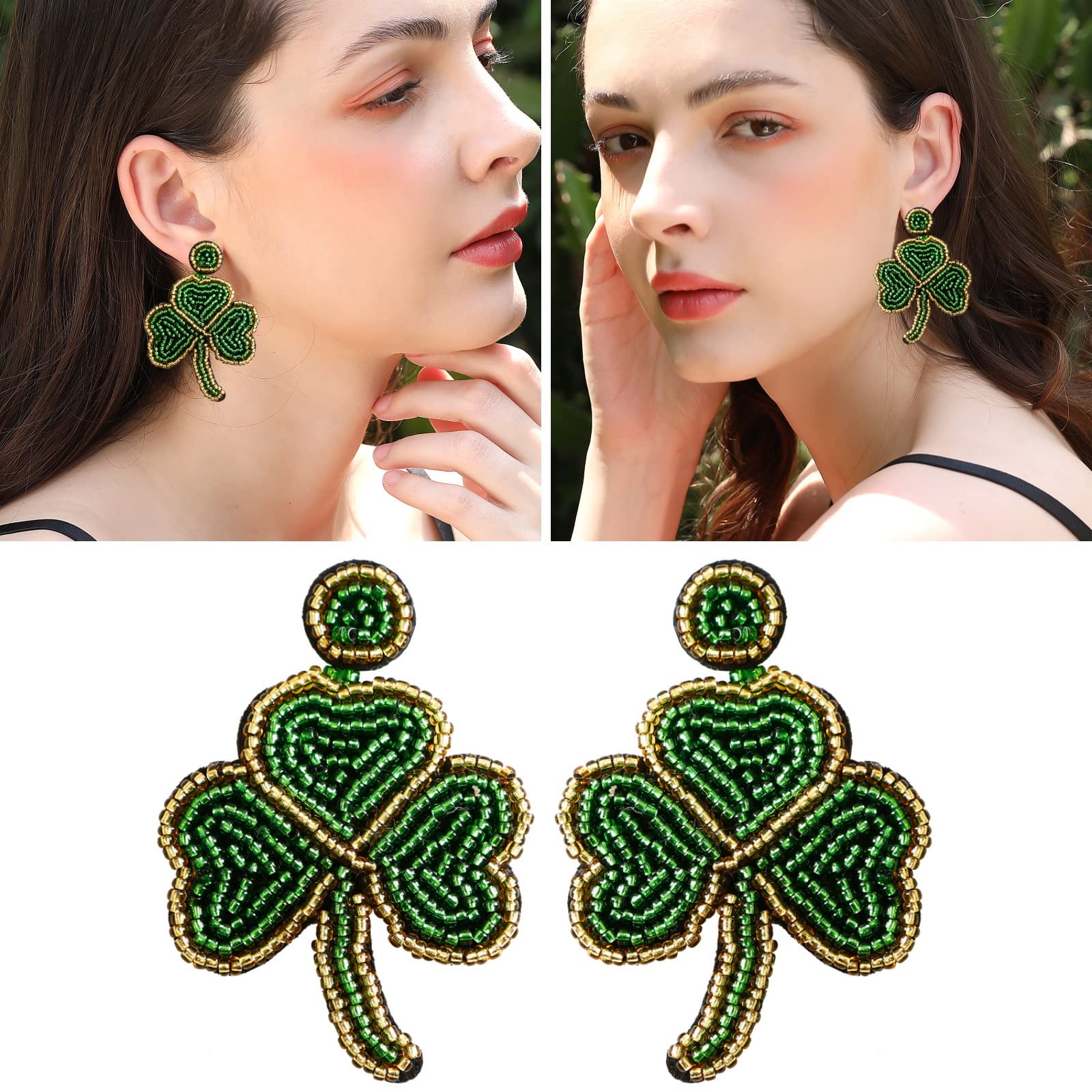 2 Pairs St. Patrick's Day Earrings Green Lucky Clover Beaded Earrings Lucky Shamrock Hat Drop Dangle Earrings