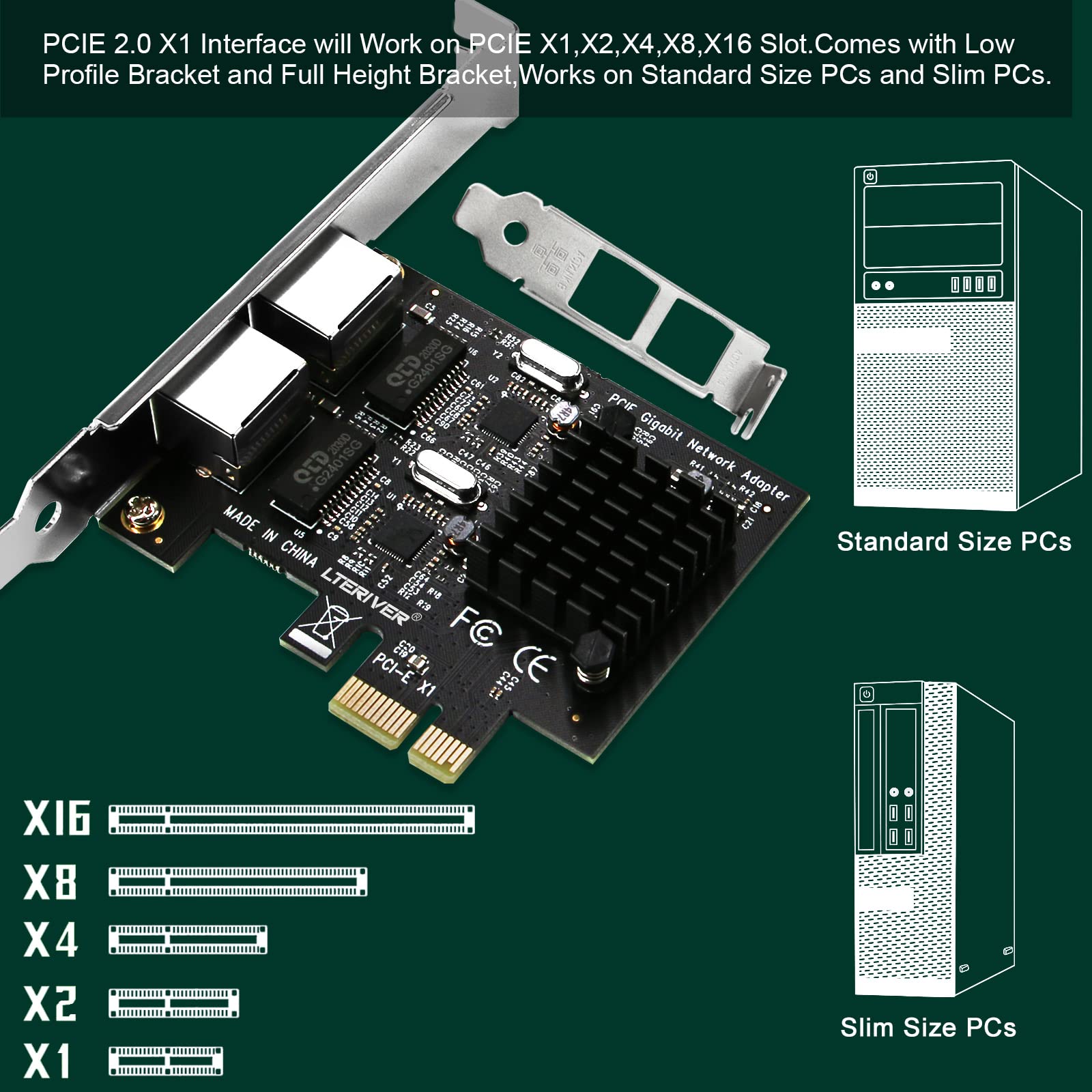 LTERIVER PCI Express to 2-Ports Gigabit Ethernet Adapter for Windows Server, 7, 8.0, 8.1, 10, 11 (32/64) and Linux, Dual Ports Gigabit PCIE Network Interface Card, Realtek RTL811GN Chipset (PCE-NIC2)