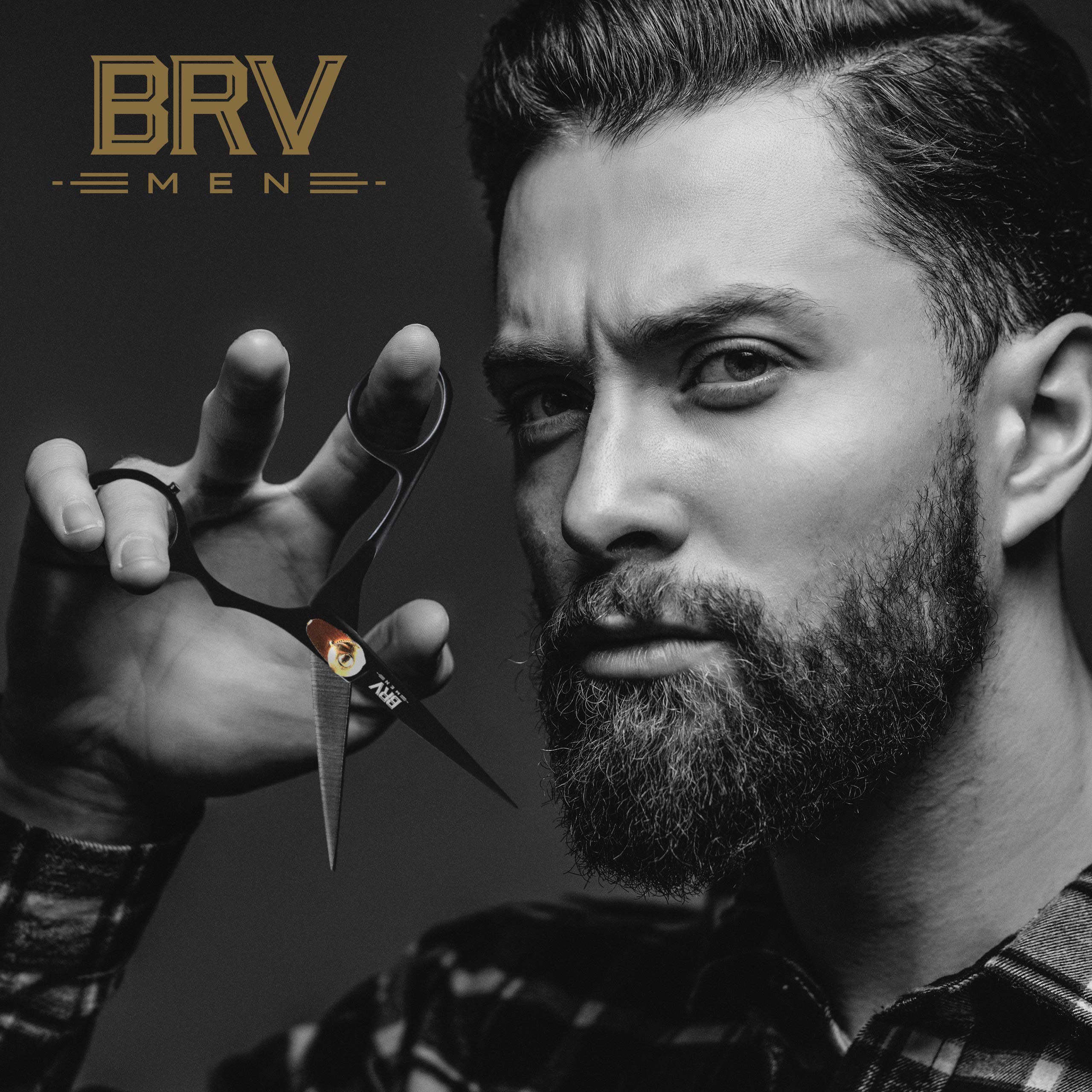 BRV MEN Professional Mustache & Beard Trimming Scissors - 5.5" | High Carbon Stainless Steel & Hammer Forged Mustache Scissors | Razor Sharp Facial Hair Trimming Shears (RIGHT HANDED - Black)
