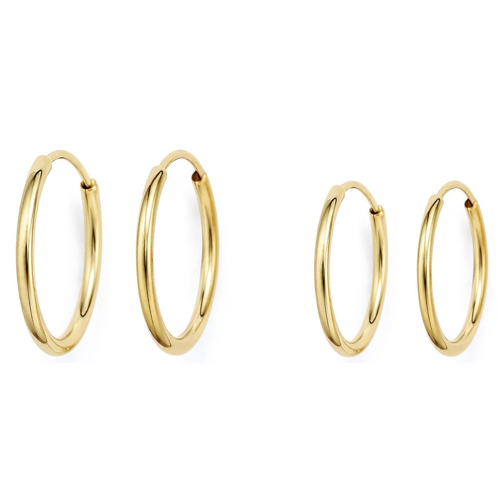 14k Gold Thin Continuous Endless Hoop Earrings, Two Pair Set Popular Small Sizes 10mm and 12mm Hoops (Yellow Gold)