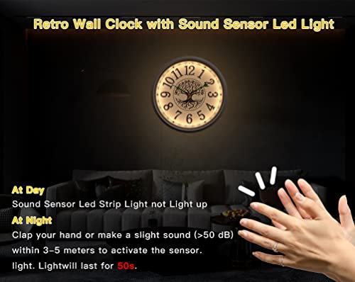 Abdurey Night Light Wall Clock, 12" White Retro-Vintage Style, Silent Battery Operated, Sound Control Sensor Lighted Wall Clocks, for Bedroom, Living Room, Farmhouse (Tree of Life Warm Light)