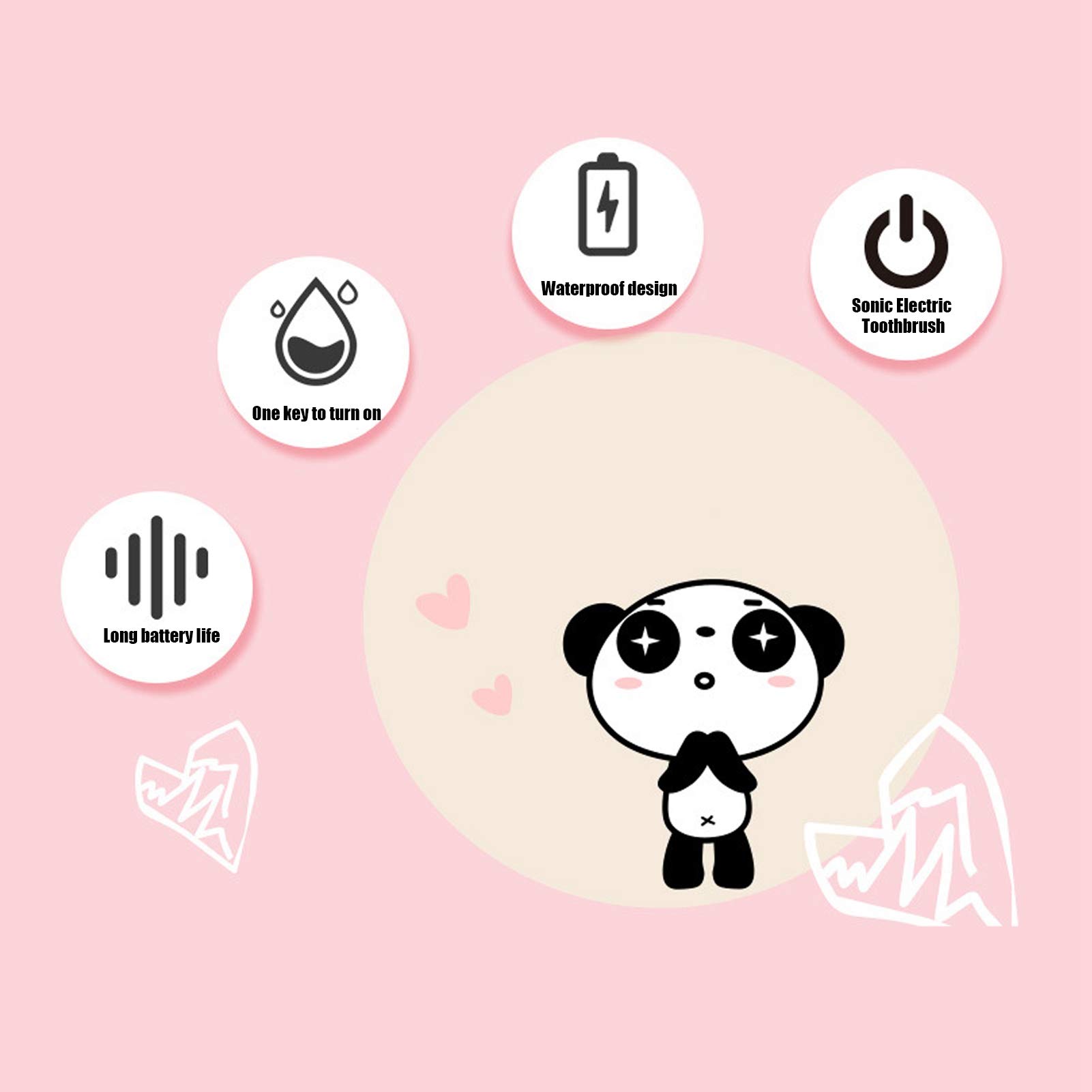POCREATION Sonic Electric Toothbrush, Soft Bristles Tooth Brush, Panda Pattern Teeth Brush, Electric Kids Toothbrush, Oral Caring Tool for Children