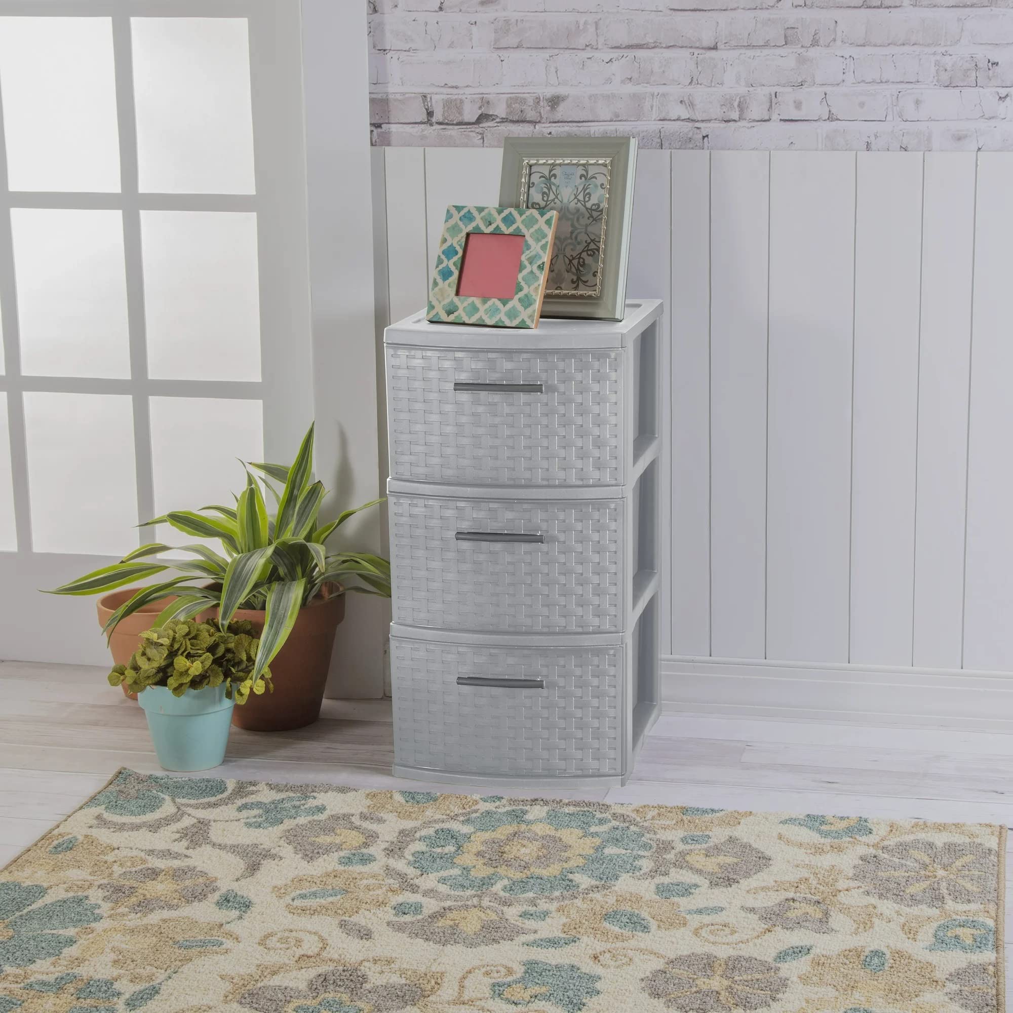 3-Drawer Wide Weave Design Storage Tower, Gray Frame & Drawers w/Driftwood Handles, Brown, Case of 1 (Gray)
