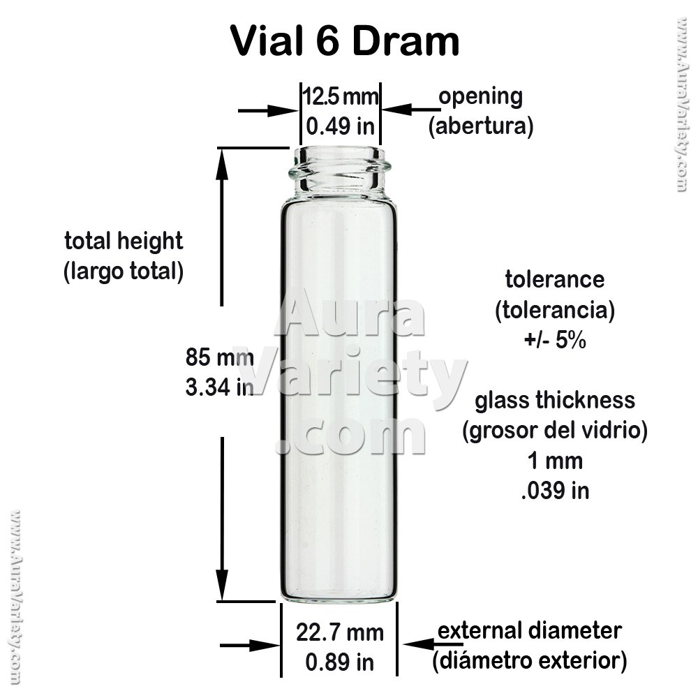 Aura Variety 6-PACK 6 DRAM 22 ml Clear Glass Vials with Phenolic Screw Caps (Oils Perfumes Spices Gold Prospecting Hobby Craft)