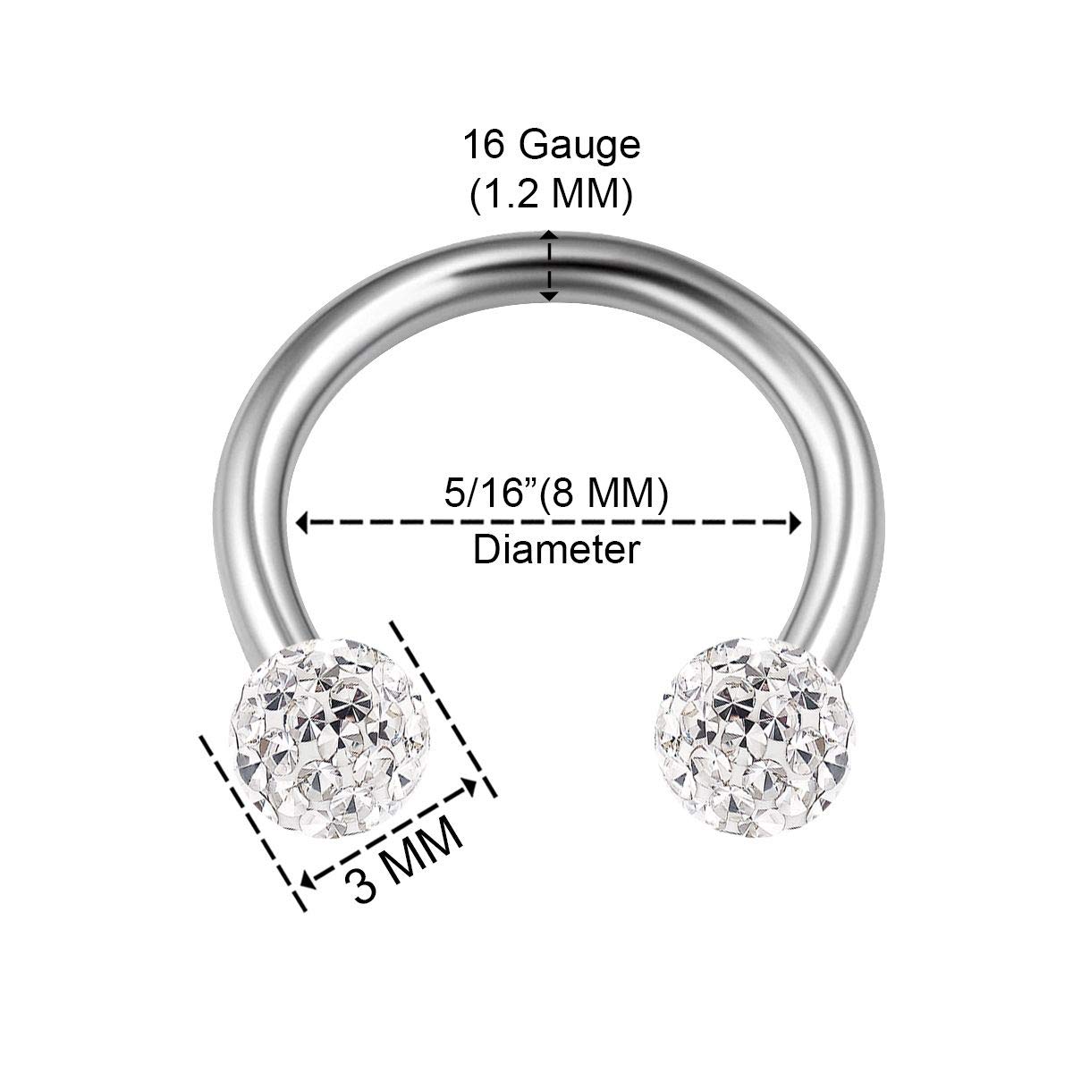 2PCS Surgical Steel Horseshoe Earrings 16 gauge 5/16 8mm 3mm Clear Crystal Ball Eyebrow Earrings Septum Piercing Jewelry 2145