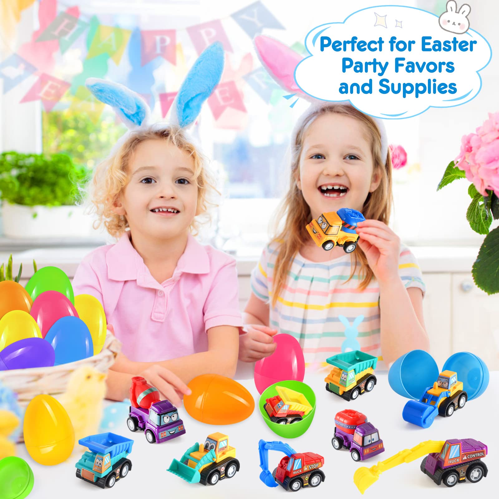 24 Pack Plastic Easter Eggs and Cars for Easter Egg Hunt, Play Pull Back Construction Car Toys, Easter Basket Stuffers, Classroom Prize Supplies, Easter Party Favors for Kids Boys Girls Toddlers