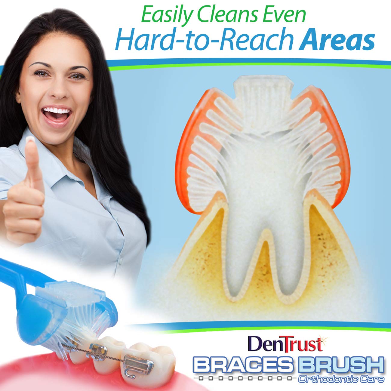 DenTrust 4PK | Braces Brush 3-Sided Toothbrush | Cleans Better Around Orthodontic Brackets | Made in America | Ultra Soft Gentle Heads | Built-in Tongue Cleaner for Fresh Breath