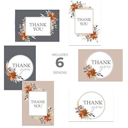 Canopy Street Indie Autumn Floral Thank You / 24 Cards, Six Designs/Boho Gray and Orange Floral