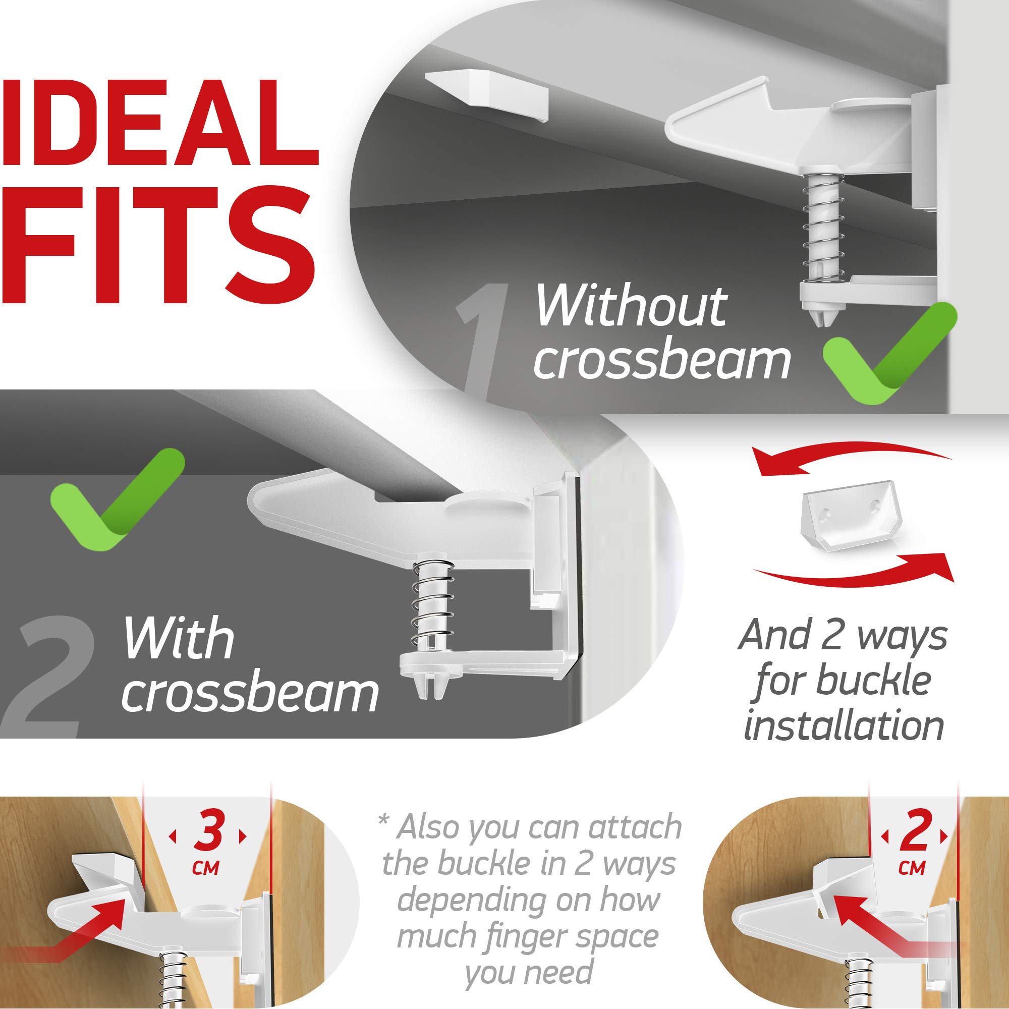 Cabinet Locks for Babies - Child Safety Latches 10 Pack - Invisible Adhesive Baby Proofing Drawer Locks - Works with Most Cabinets and Drawers - No Drilling Installation - (White)