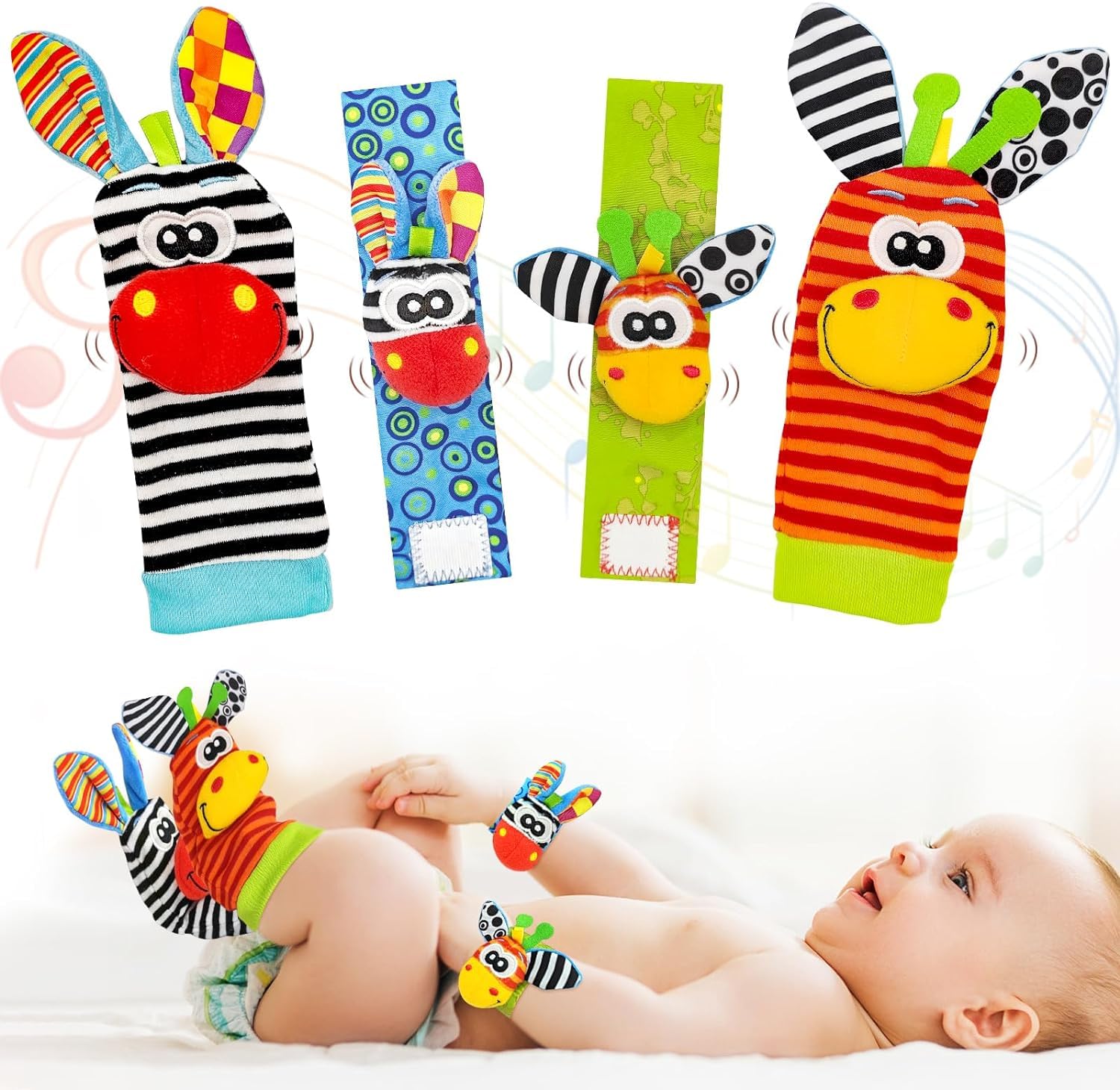 Baby Wrist Rattles Sock Toys - Newborn Baby Sock Toys 0-6 Months Foot Finder and Wrist Rattle Set, Infant Rattle Socks Toy 3-6 Months, Soft Sensory Toys for 0-12 Months Toddler Newborns Boy Girl Gift