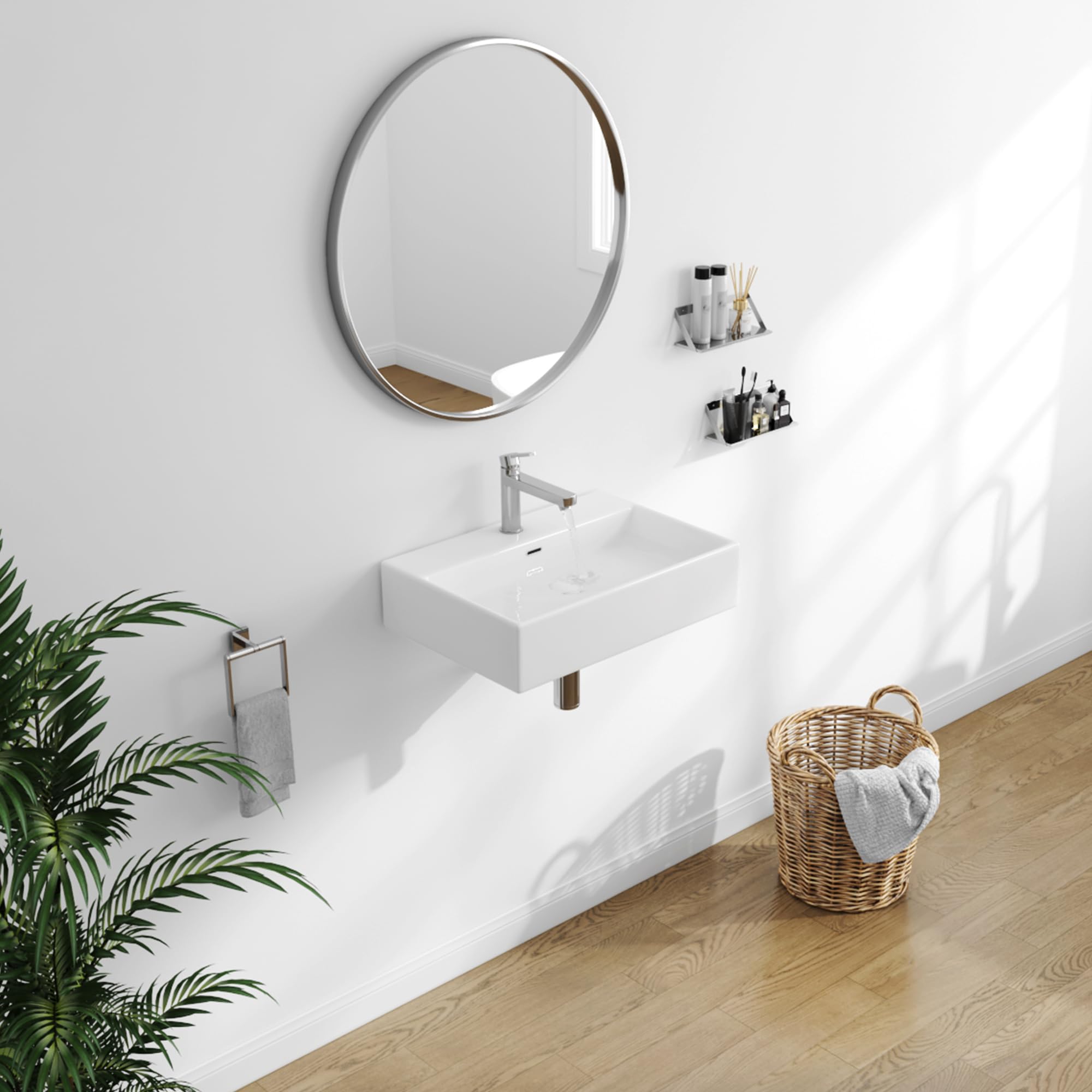 24" x 16" Bathroom Sink Vessel Rectangle, Eridanus Hang Wall Mount Sinks Countertop Vanity Floating Trough Washbasin, Ceramic Porcelain Modern White Art Basin Bowl with Overflow
