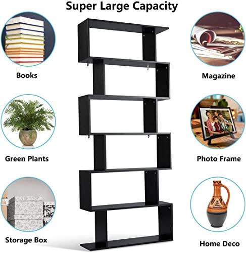 6 Tier Bookcase, S-Shaped White Bookshelf,Tall Bookcase Freestanding Display Shelf for Bedroom, Living Room, Home Office, Black