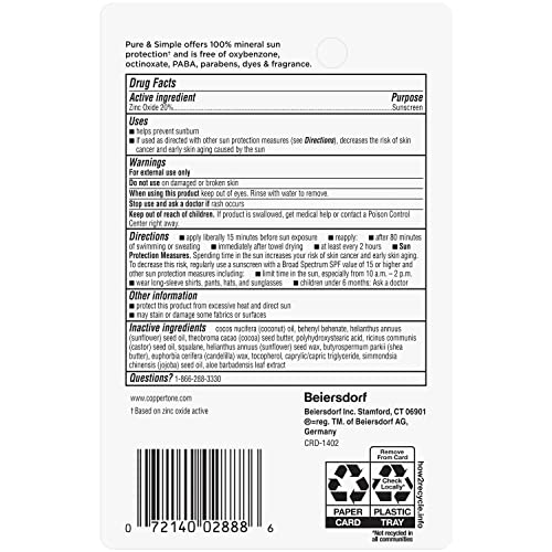 Coppertone Pure and Simple Mineral Sunscreen Stick SPF 50, Water Resistant, Hypoallergenic, Face Sunscreen with Broad Spectrum UVA/UVB Protection, 0.49 oz Stick