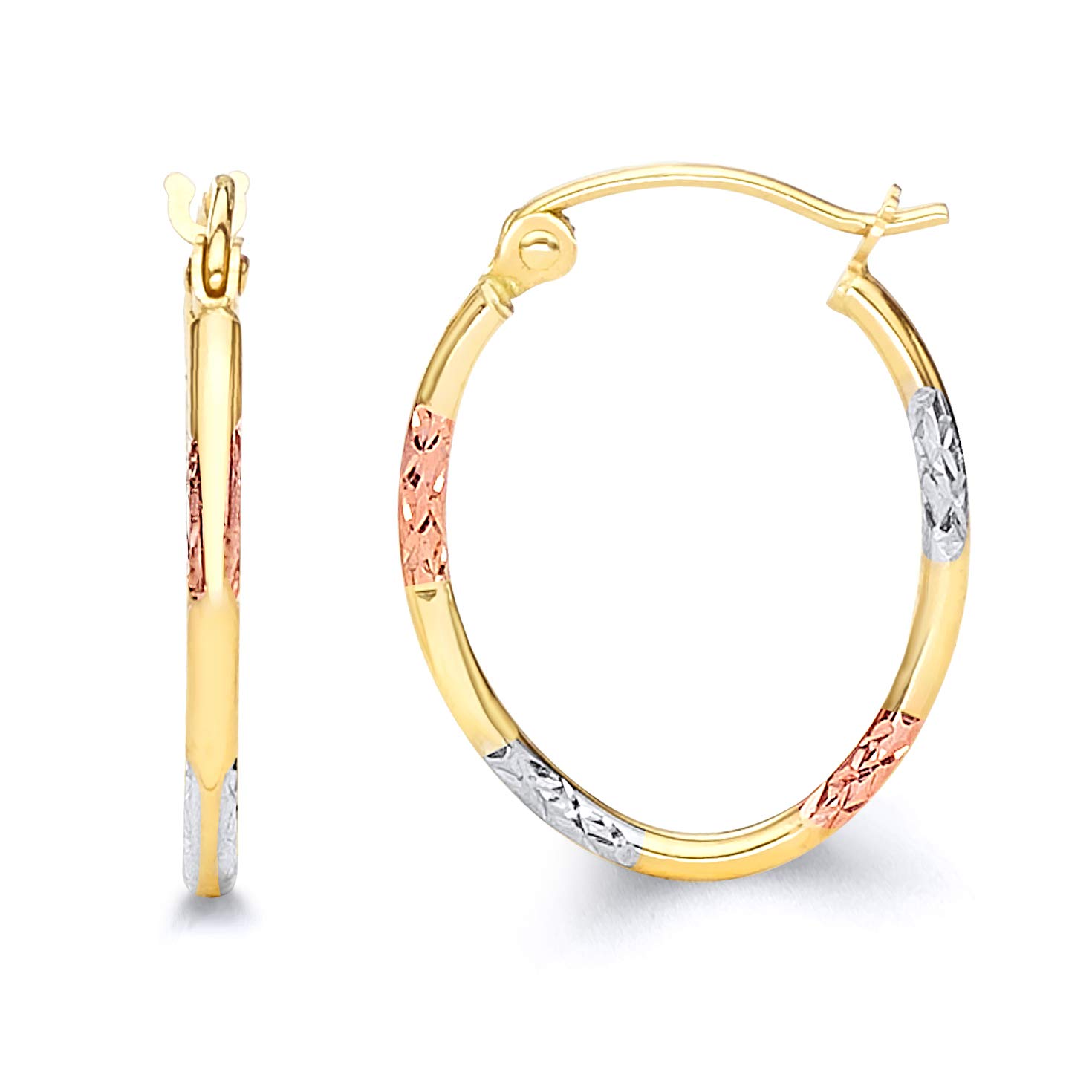 14k REAL Tri Color Gold 1.5mm Thickness Tube Oval Hoop Earrings (20 x 15 mm)
