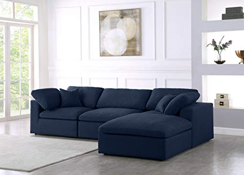 Meridian Furniture Serene Collection Modern | Contemporary Deluxe Comfort Modular Sectional, Soft Linen Textured Fabric, Down Cushions, 2 Corner + 1 Armless + 1 Ottoman, Navy