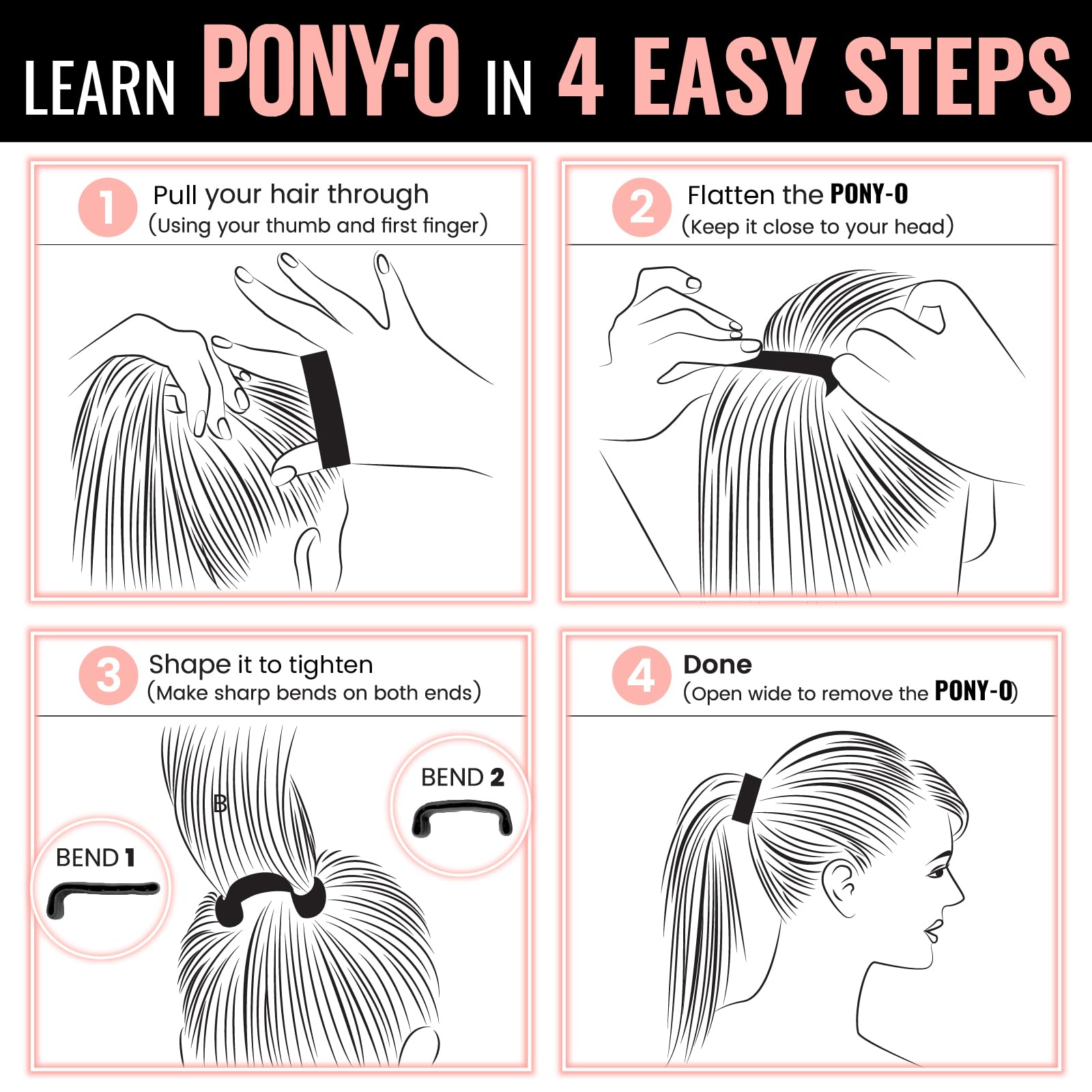 PONY-O- Fine, Medium or Slightly Thick Hair - Original No Damage Volumizing Ponytail Hair Ties - Patented Bendable Design - Stylish Hair Accessories for Women - 2 Pack Black & Dark Blond - Medium