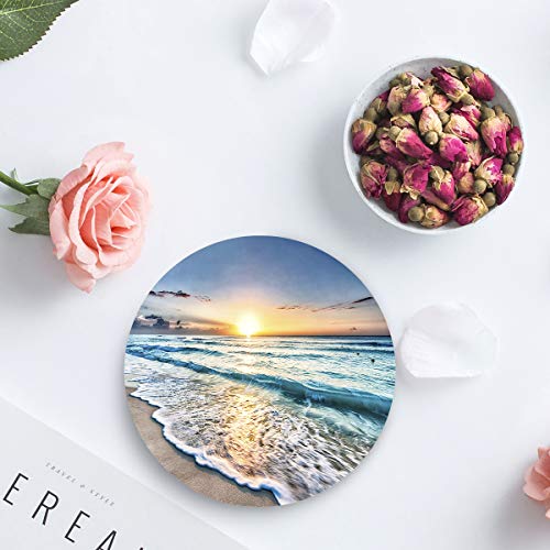 Ocean Beach Drink Coasters Absorbent Natural Ceramic Stone Bar Coasters Set of 4 - Cup Mat with Cork Backing, Housewarming Gifts for Home Kitchen Decorations Tropical Sunset Beach Ocean Wave Sea Water