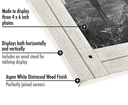Americanflat 4x6 Triple Picture Frame in Aspen White - Distressed Wood Decorative Family Picture Frame with Polished Glass, Includes Hanging Hardware for Wall, and Easel for Tabletop Display