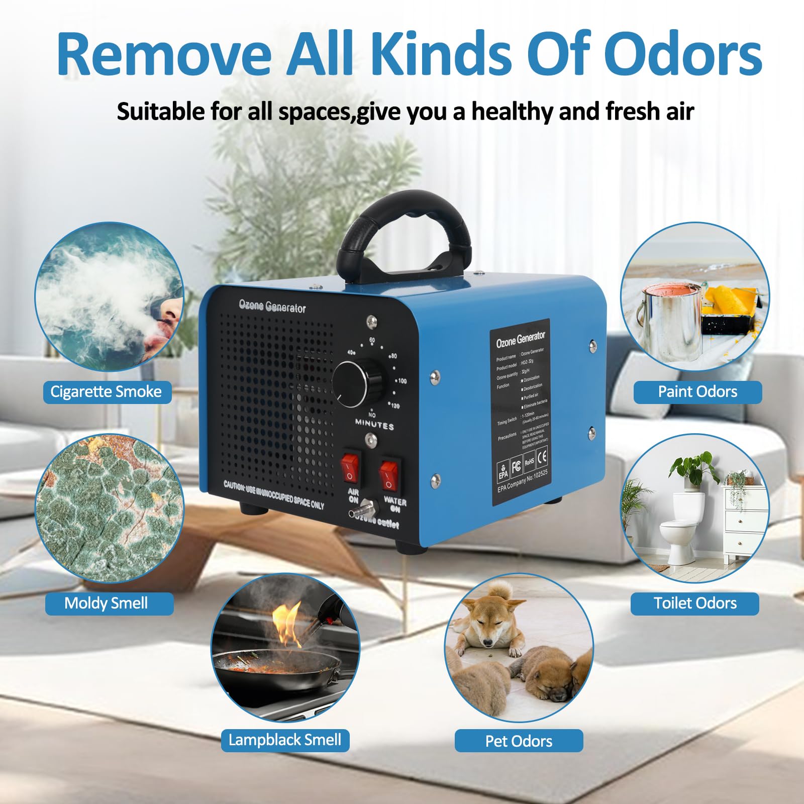 32000mg/H Ionizer Air Purifier, Air Ionizers for Home with 0-120 Min Time Setting, Odor Eliminator with 2 Cleaning Modes for Smoke Pet Kitchen Toilet Hotel Office Car
