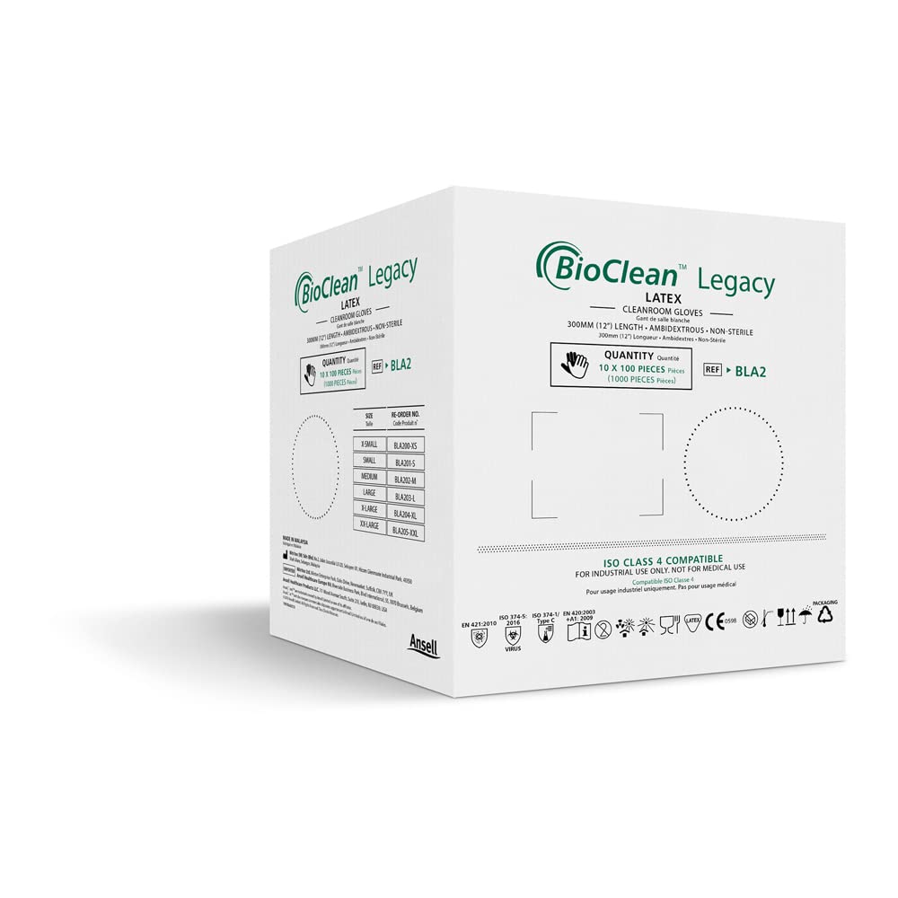 Ansell BLA203-L BioClean Legacy Non-Sterile Latex Glove, 12" Length, Ambidextrous, Natural, L (Pack of 1000)