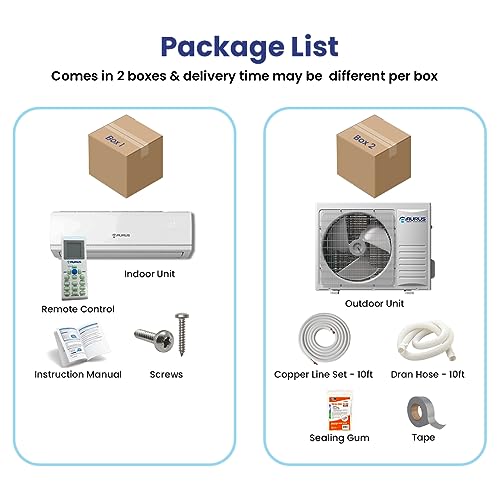 AURUS 2 Ton 24000 BTU Mini Split Cools Up to 1000.Sq.Ft Energy Efficient Ductless Air Conditioner, with Heat Pump and Pre-Charged 10ft Installation Kits 220v