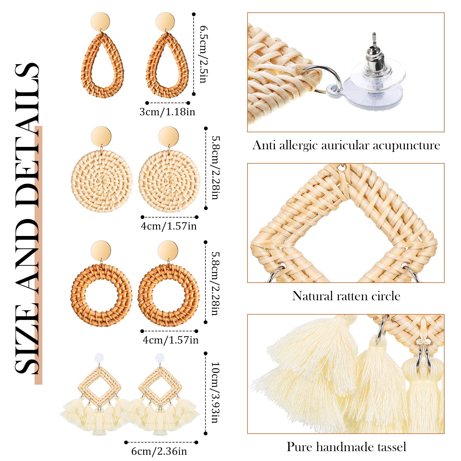 2 Pcs Women's Straw Clutch Purse and 4 Pairs Rattan Earrings Lightweight Boho Geometric Woven Straw Earrings (Elegant Style)