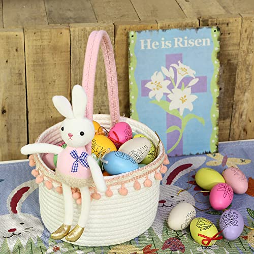 Sea Team Small Cotton Rope Storage Basket, Easter Bunny Tote Bag for Eggs, Portable Basket, Candy Bag, Caddy for Kids, Easter Days, Holidays, Pink Lace