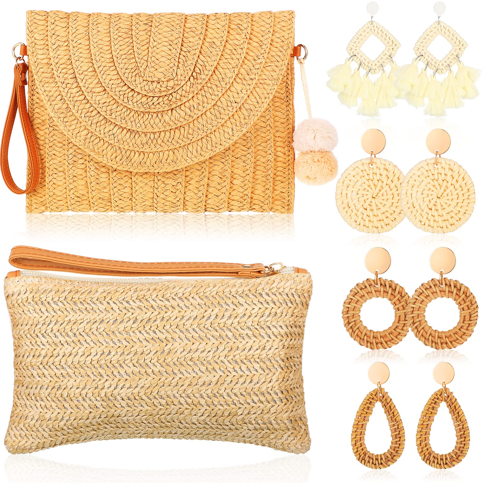 2 Pcs Women's Straw Clutch Purse and 4 Pairs Rattan Earrings Lightweight Boho Geometric Woven Straw Earrings (Retro Style)