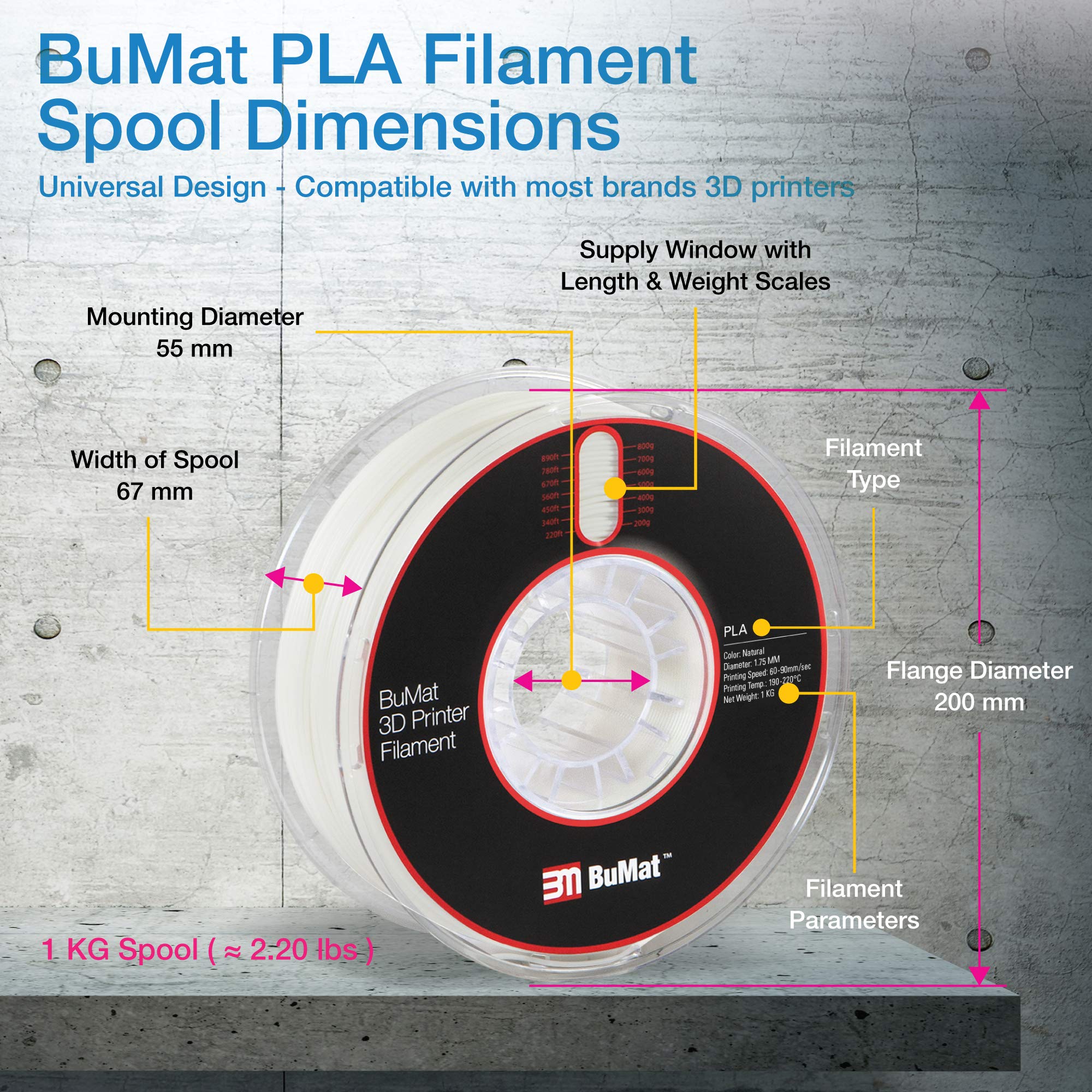 BUMAT PLA 3D Printer Filament, 1.75mm (Clear/Natural), 1kg Spool (2.2lbs), Guaranteed Fresh, Dimensional Accuracy +/- 0.02mm, Tangle-Free, Fits Most FDM Printers [Risk-Free]