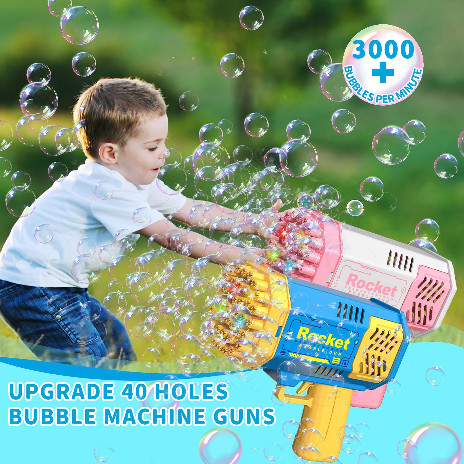 2-Pack Bubble Machine Gun for Kids - Automatic Bubble Gun with Bubble Solution &Lights, 40 Holes Bubble Gun with Light for Kids Summer Outdoor Toy Wedding Party Birthday Gifts