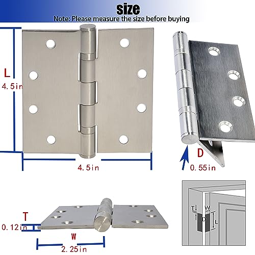 6-Pack Heavy Duty Commercial Door Hinge with Silent Steel Plain Ball Bearing, 4.5 inch X 4.5 inch, Thickness 3 mm Stainless Steel, Square Corners with 48 Screws, Super Bearing Capacity