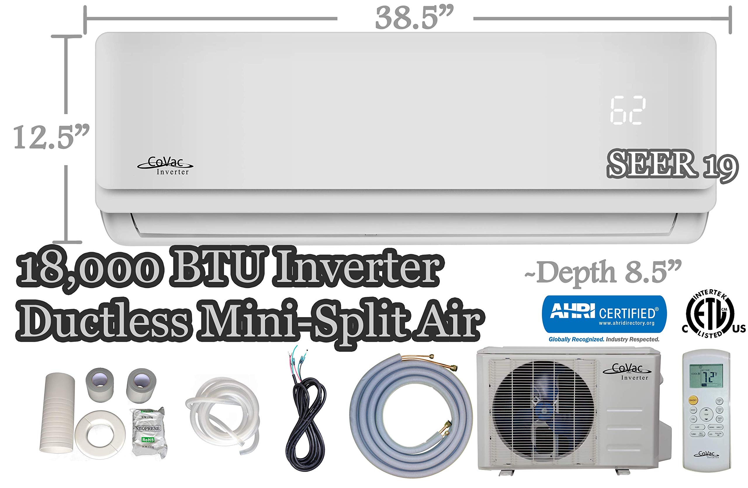 18,000 CoVac BTU Ductless Mini-Split Air Conditioner – Inverter SEER 19 – Cooling & Heating – Dehumidifier – 240v/60hz - PreCharged Condenser - Ultra Quiet - AHRI - 16 Feet Line Set + Accessories
