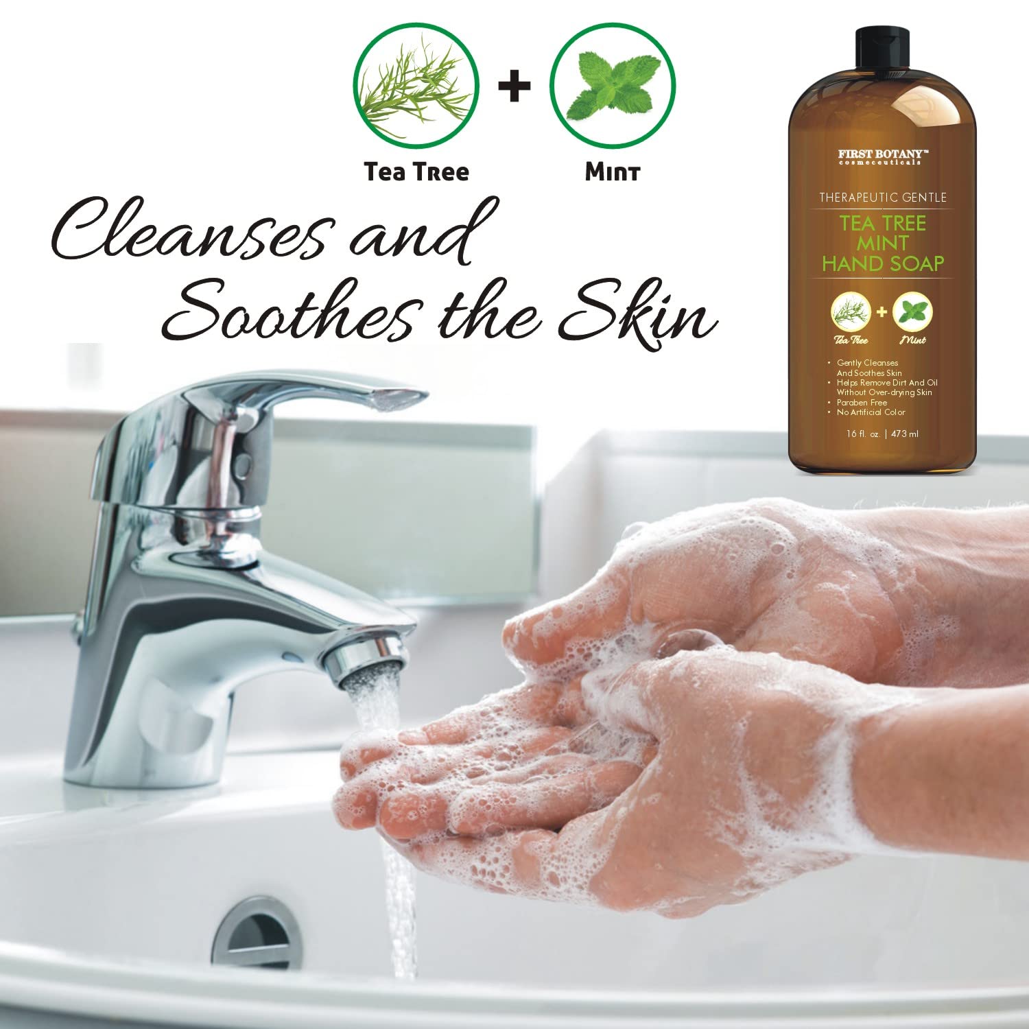 First Botany Tea Tree Mint Hand Soap - Liquid Hand Soap with Peppermint, Jojoba & Coconut Oil Multipurpose Liquid Soap Natural Bathroom Soap & Liquid hand wash - 16 oz