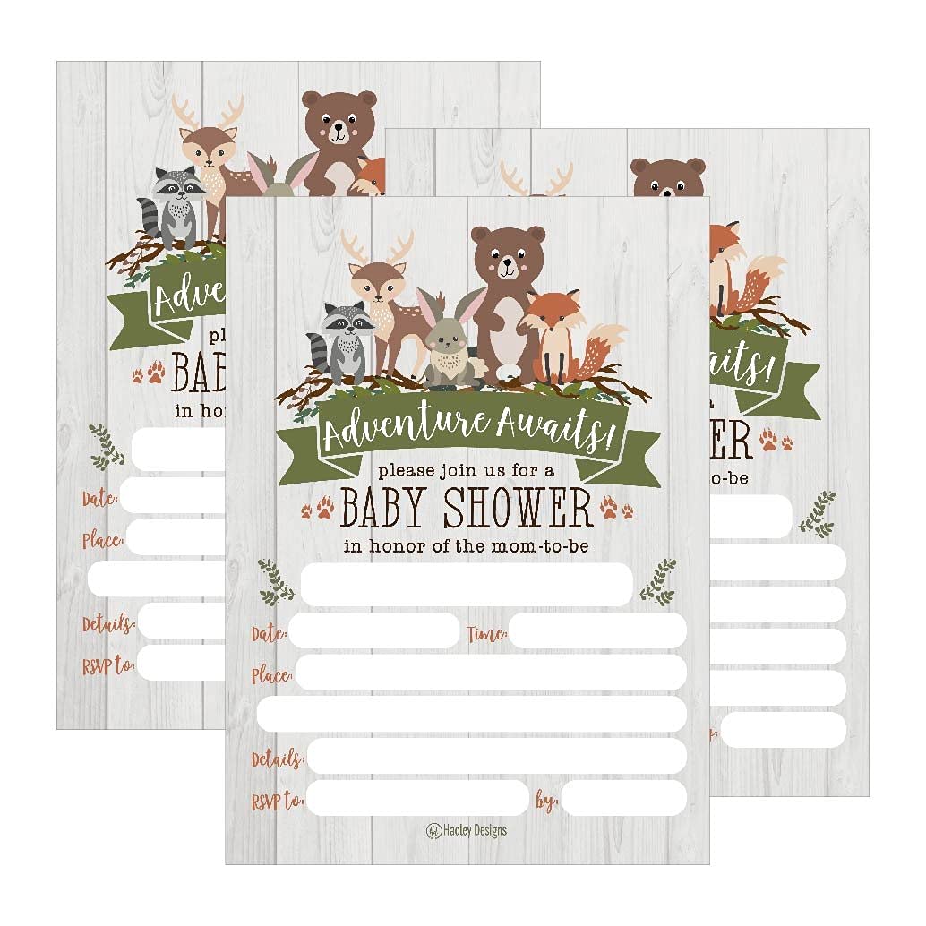 Hadley Designs - Rustic Woodland Animals Baby Shower Invitations, Book Request Baby Shower Guest Book Alternative, Diaper Raffle Tickets - 25 Cards