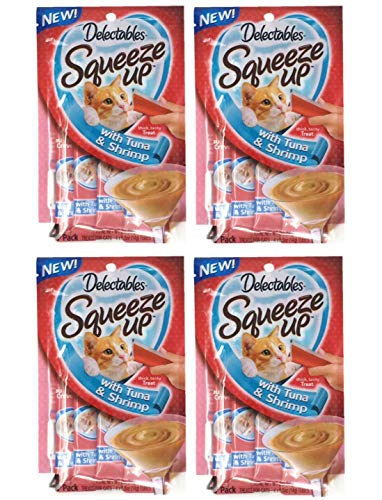 Delectables Squeeze Up Hartz Cat Treats Bundle of 4 Flavor Pouches, 2.0 oz Each (Tuna & Shrimp)