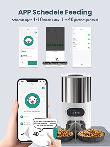 Automatic Cat Feeder, WHDPETS WiFi Cat Food Dispenser for 2 Cats & Dogs, 304 Stainless Steel Pet Feeder with Feeding Mat, 2-Way Splitter, APP Control, 10s Voice Recorder, Dual Power Supply