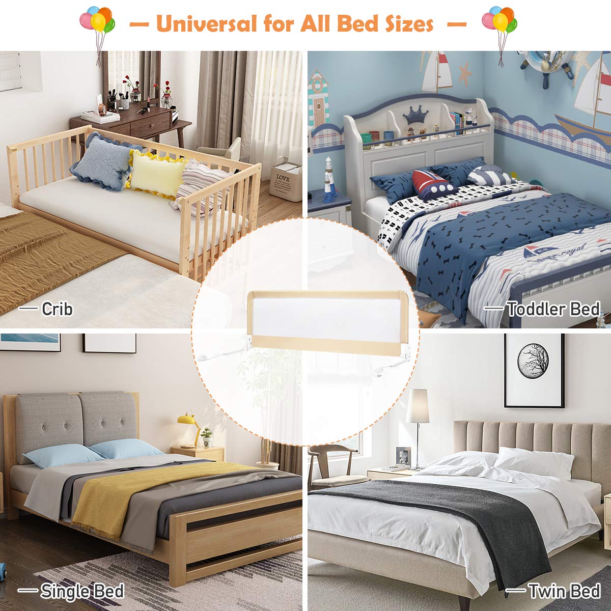 Costzon Bed Rail for Toddlers, 2 PCS Extra Long Swing Down Safety Bed Guards w/Straps for Convertible Crib, Kids Twin, Double, Full Size, Queen & King Bed, Folding Bed Rails for Baby (59-Inch, Beige)
