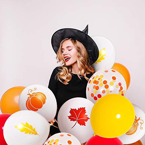 Whaline 80Pcs Fall Balloon Set Autumn Leave Maple Leave Pumpkin Pattern Balloons Red Orange Yellow Confetti Balloon with Yellow Orange Ribbon for Fall Autumn Party Thanksgiving Birthday Wedding Decor
