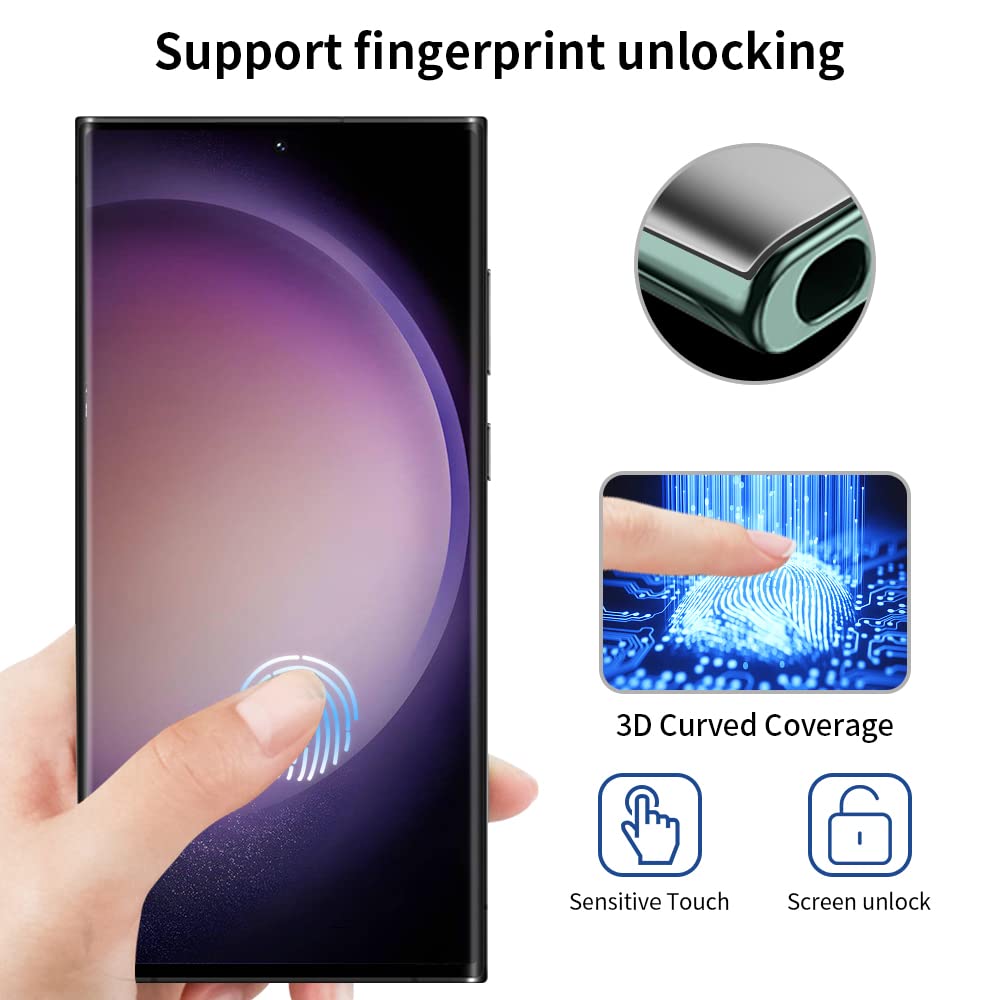 3Pack 3D Curved Tempered Glass Screen Protector for Samsung Galaxy S23 Ultra 6.8" OSUKADE with 2Pack Camera Lens Protector Fully Support Fingerprint S Pen Easy Install [New Upgrade]
