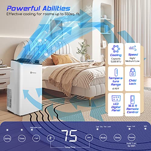 Aigostar 12000 BTU Smart Portable Air Conditioner, Dehumidifier, Fan, 4-in-1 AC Unit Room Up to 550 Sq.Ft, WIFI App & Remote Control,Works with Alexa/Google Assistant, 24H Timer, Window Kit, White