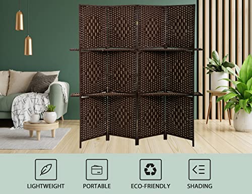 4 Panel Room Dividers and Folding Privacy Screens, 71 Inch High Hand-Woven Design Room Divider Folding Wall Dividers with Shelves, Portable Partition Screen for Room,Freestanding Room Separator, Brown