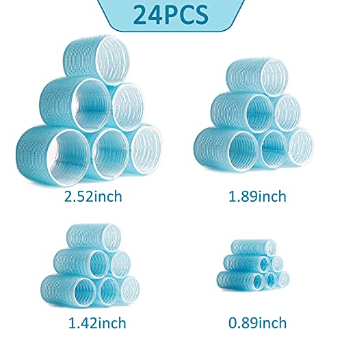 Self Grip Hair Rollers Set, Jumbo Size Hair Curlers, Salon Hair Dressing Curlers, Self Holding Rollers for DIY or Hair Salon Curlers for Hair Styling, 4 Sizes 24 Pack (Blue)