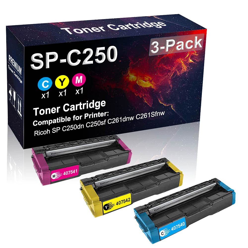 3-Pack (C+Y+M) Compatible SP C250 (407540 407542 407541) Laser Printer Toner Cartridge Used for Ricoh SP C250sf C261dnw C261Sfnw Printer (High Yield)