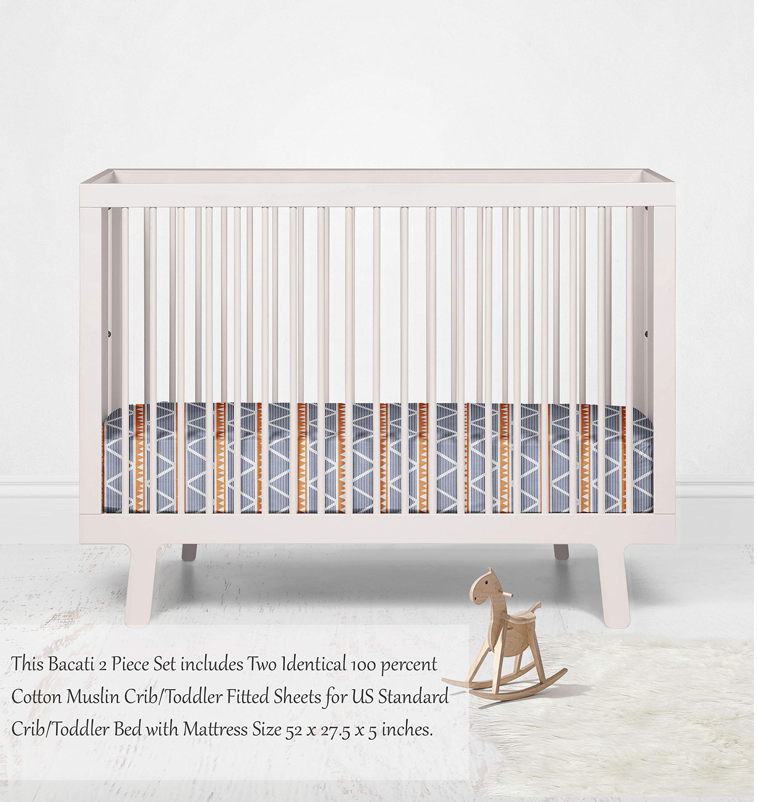 Bacati - 2 Pack Tribal/Aztec/Triangles Silky Soft Breathable 100% Cotton Muslin Baby Crib Fitted Sheets - Fits Standard 28 x 52 x 5 Crib & Toddler Mattresses (Orange/Navy Large Triangles)