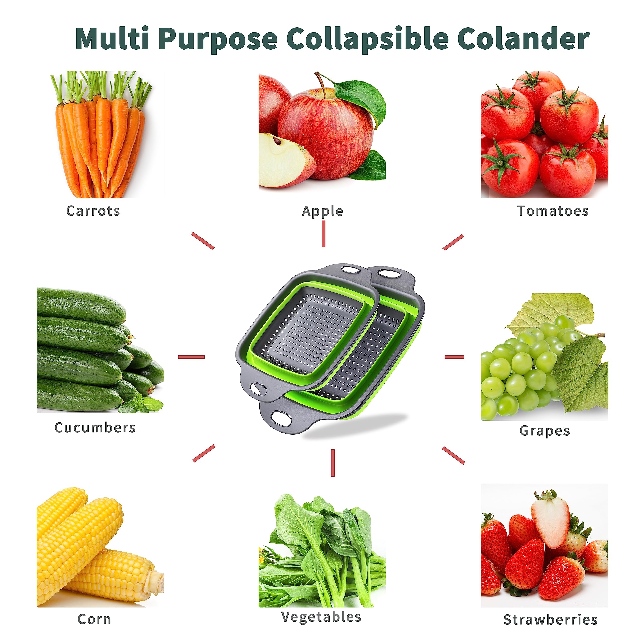 2PCS Collapsible Strainer, JJOO Silicone Collapsible Colander, 11.5 inch Square Silicone Colander and 9.5inch Square Silicone Colander, Vegetable and Fruit Colander, Kitchen Food Strainers (Green)