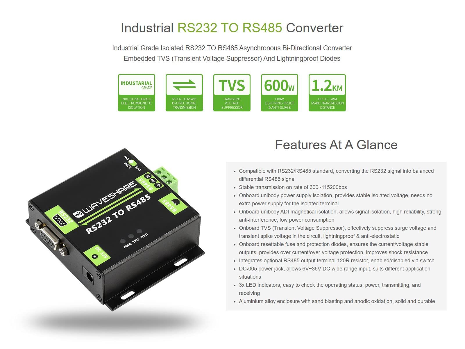 waveshare Industrial Grade Isolated RS232 to RS485 Converter with ADI Magnetical Isolation