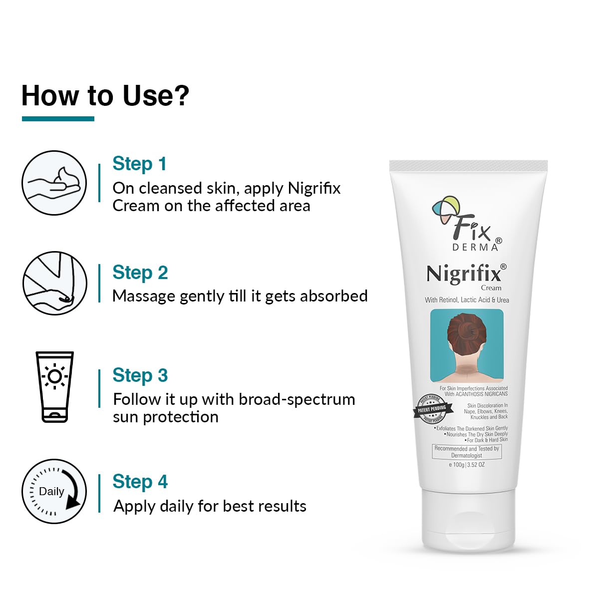 FIXDERMA Nigrifix Cream for Acanthosis Nigricans with Lactic Acid | Dermatologist Tested Retinol Cream | Useful for Dark Body Parts like Neck, Ankles, Armpits & Elbows –3.52 FlOz